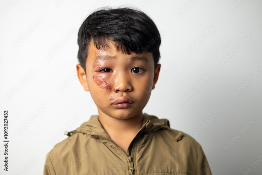 Portrait asian boy received Inflamed wound to his face from falling off ...