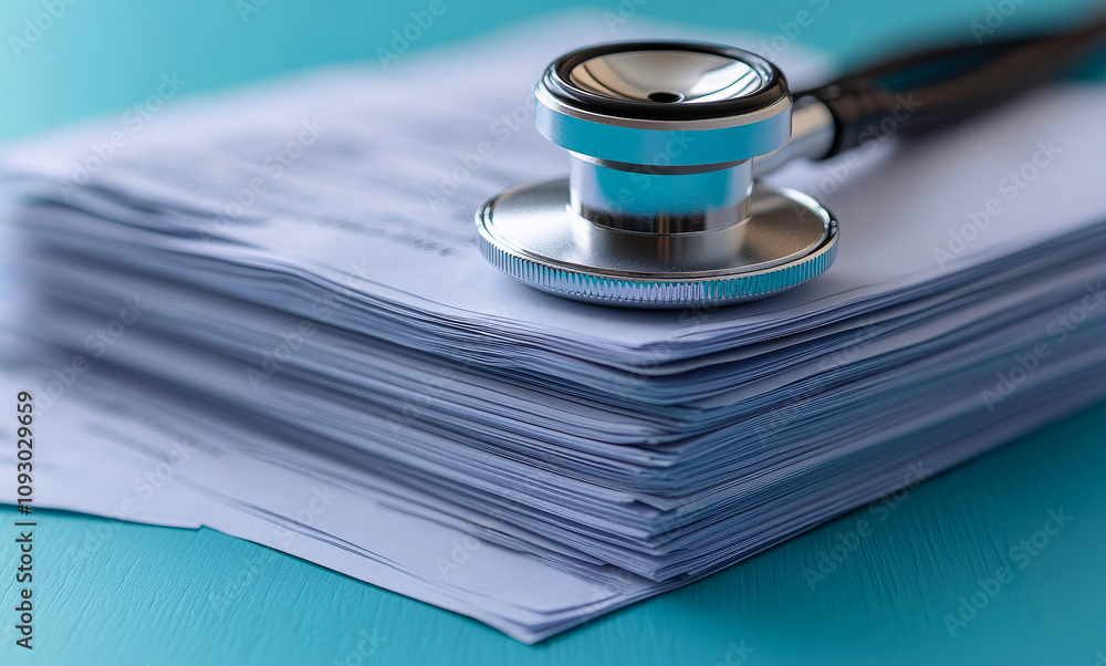 A stethoscope is on top of a stack of papers. The stethoscope is silver ...