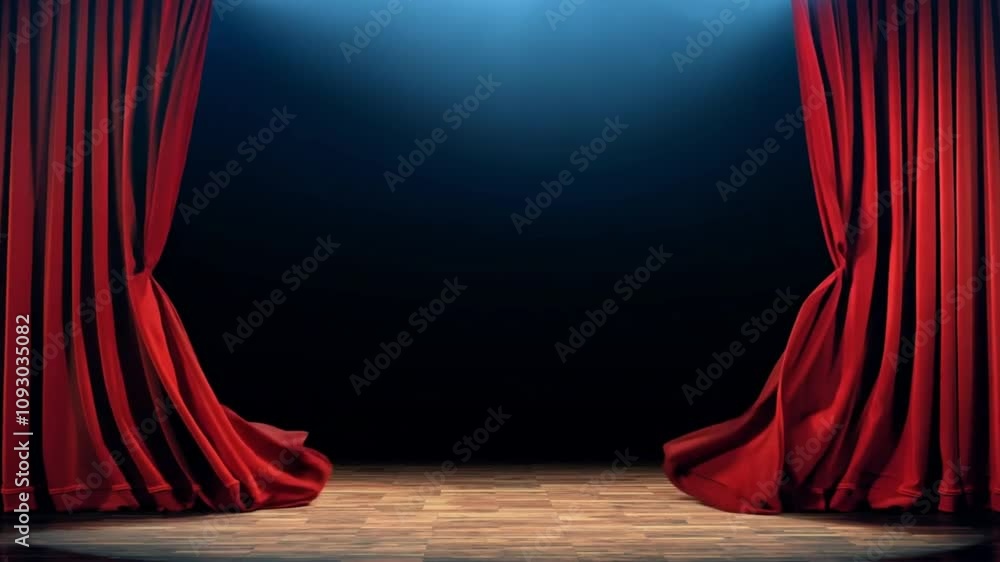Elegant red curtains parting to reveal a dimly lit stage with a ...