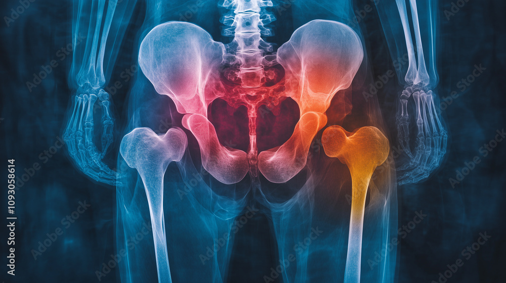 Close-up X-ray of a human hip joint, displayed on a blue background ...