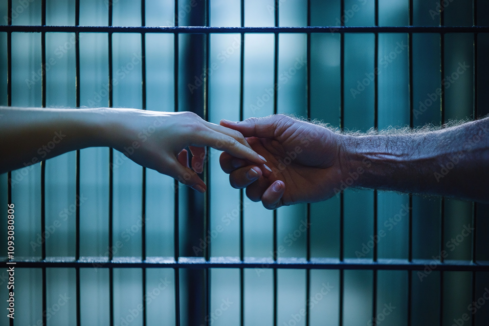 Emotional moment between wife and incarcerated husband touching hands ...