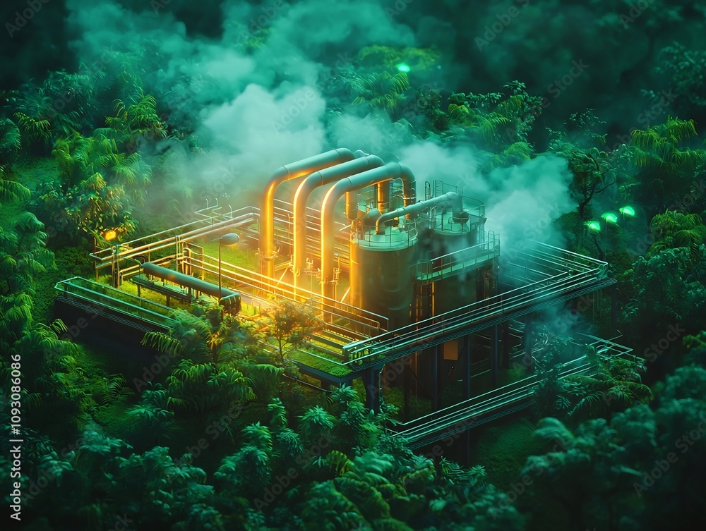 Glowing Geothermal Plant Surrounded by Lush Greenery Showcasing Renewable Energy Harnessing ...