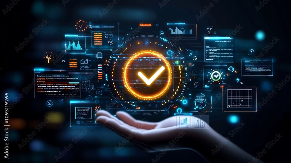 Glowing digital checkmark icon at the center of an interface held by a ...