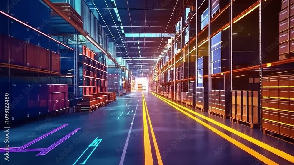 Future of Logistics: A futuristic warehouse interior with glowing lines ...