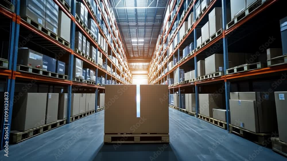 Warehouse Inventory: A large cardboard box sits on a pallet in the ...