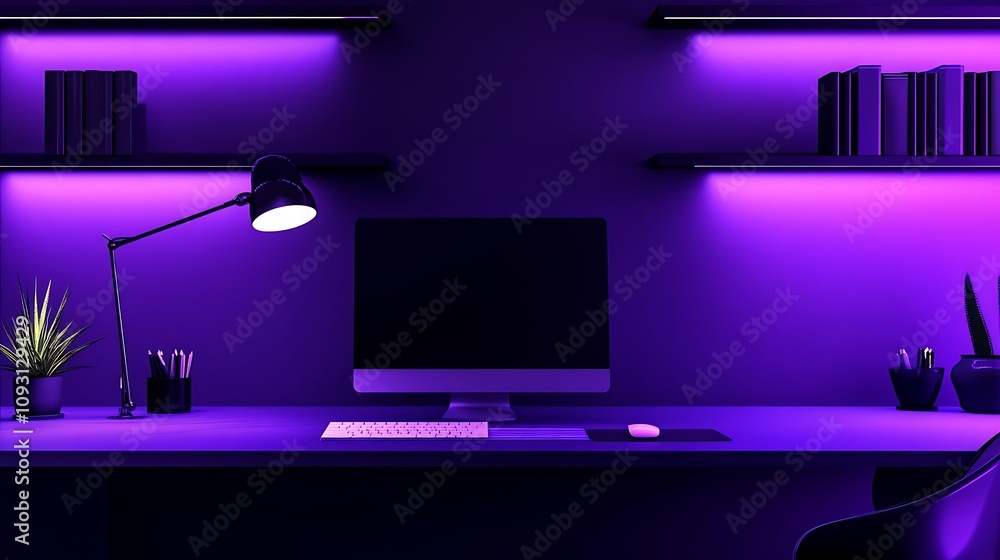 Modern purple desk setup with computer and accessories Stock Photo ...