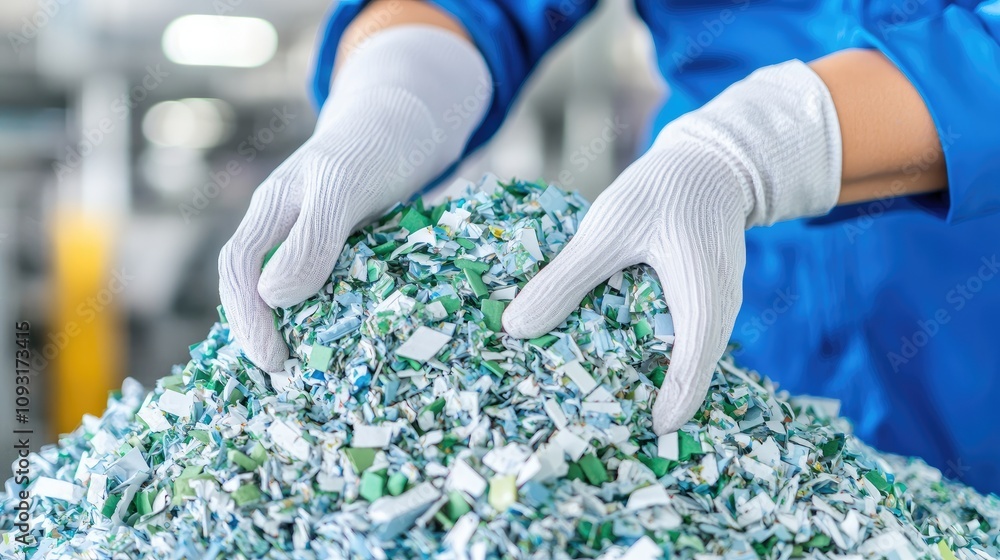 Recycling action sorting trash at a waste management facility ...
