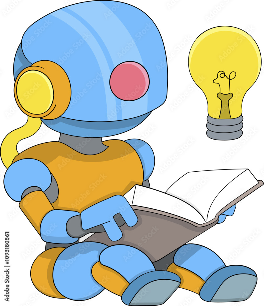 Robot Reading A Book While Holding A Light Bulb Symbolizing Machine ...