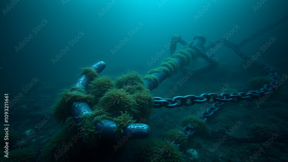 The ship's anchor and chain landed on the deep seabed, covered in moss ...