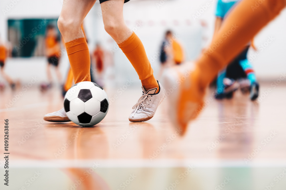 Indoor soccer sports hall. Football futsal player, ball, futsal floor ...