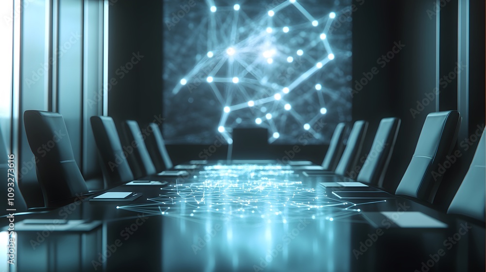A sleek boardroom featuring a 3D holographic blockchain network map ...