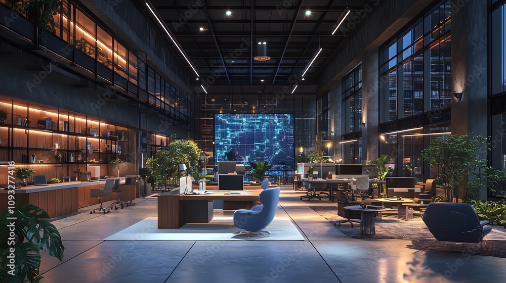 A hybrid coworking hub integrating 3D glowing digital energy-efficient infrastructure maps and ...