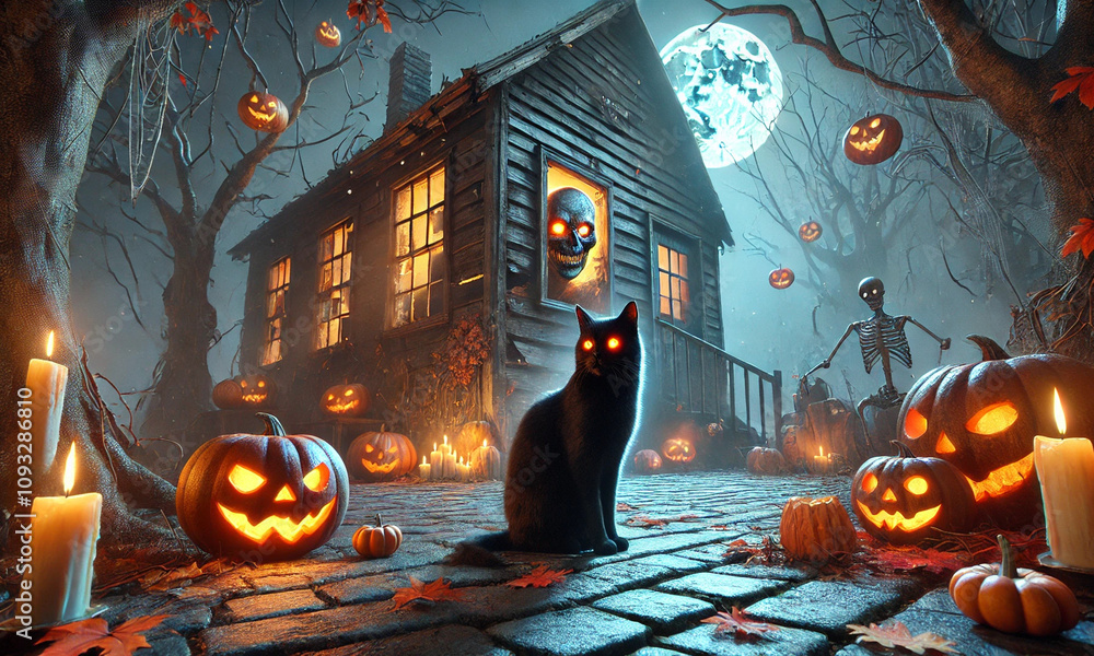 Black Cat, Abandoned House, and Scary Face Peeking from the Window ...