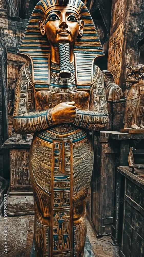 Intricate pharaoh statue stands tall in an ancient Egyptian museum ...