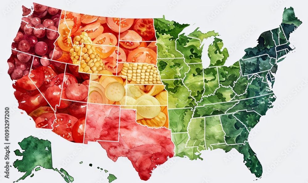 A colorful map of the United States crafted from various vegetables ...
