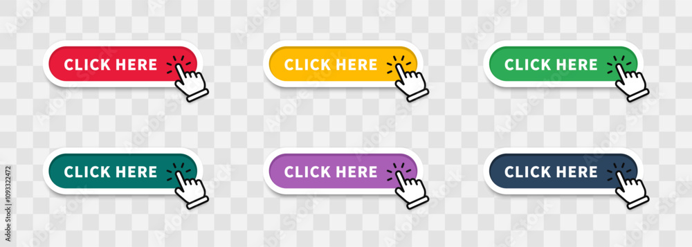 Click here button with arrow pointer clicking icon. Set of action button, hand cursor. Click ...
