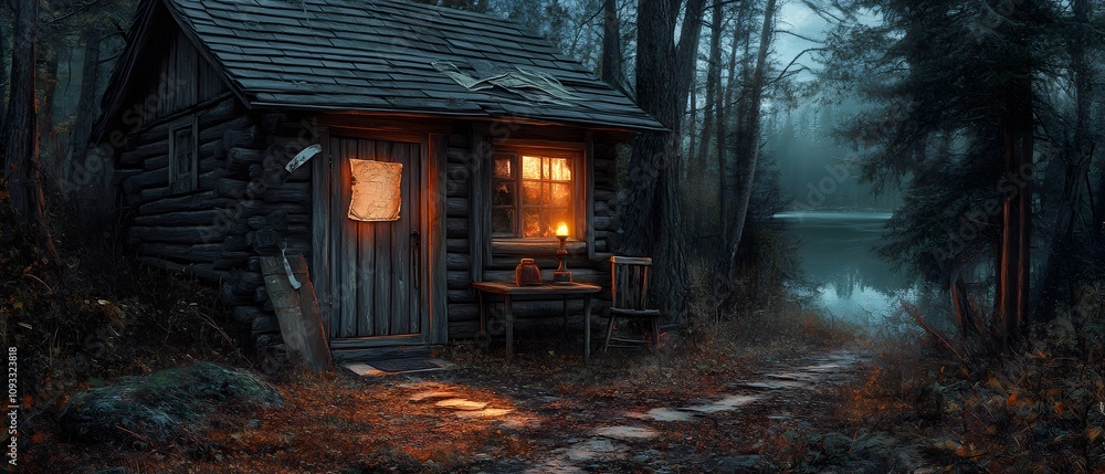 Rustic wooden cabin deep in a forest, with an open door showing signs ...