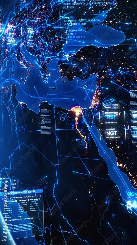 Bright connections and charts forming a network over Middle East map ...