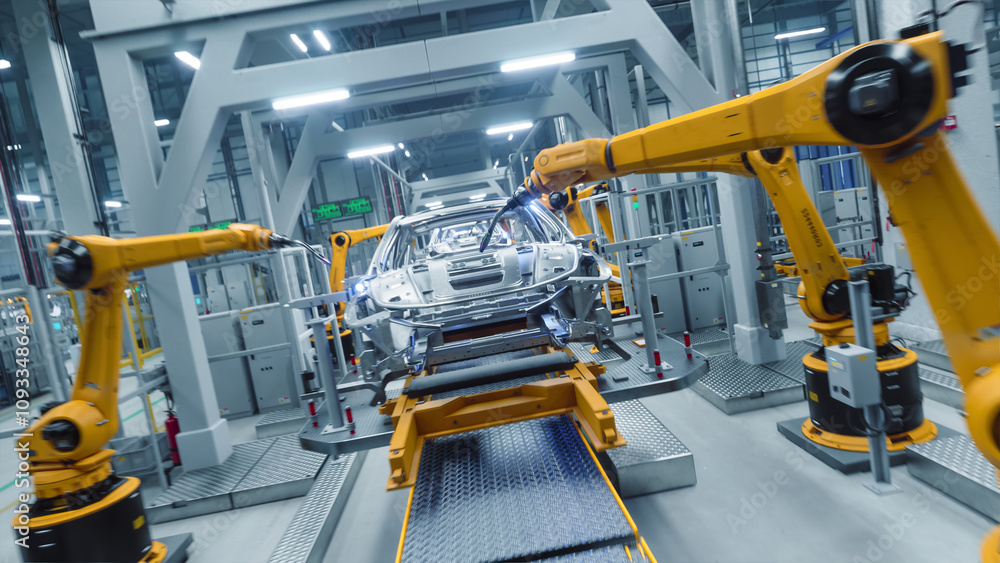 Autonomous Factory with Robotic Arms Autonomously Assembling Car Frames At the Factory ...