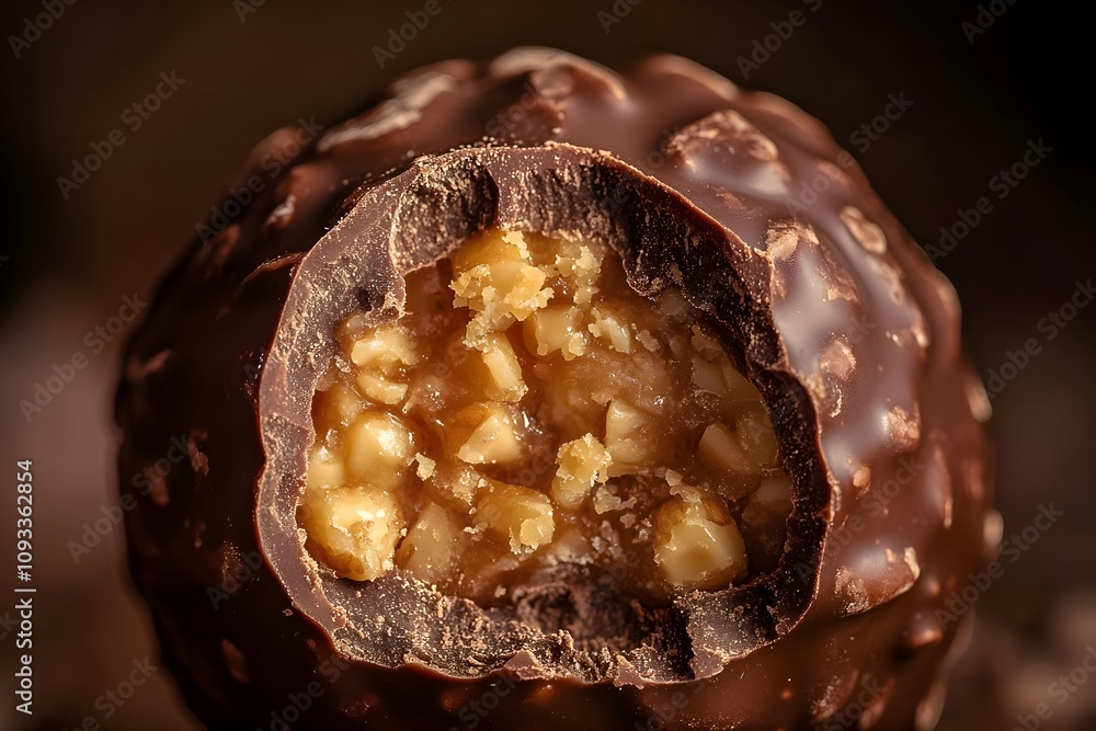 Macro view of a chocolate rocher, rocher au chocolat, with a bite ...