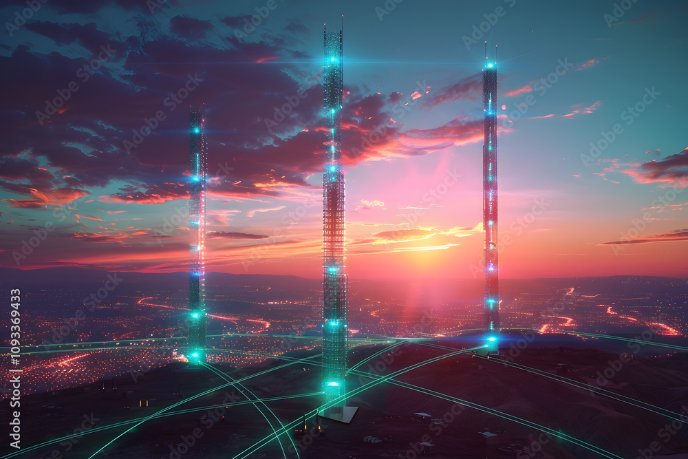 Glowing 5G network towers with high-speed data beams and illuminated ...