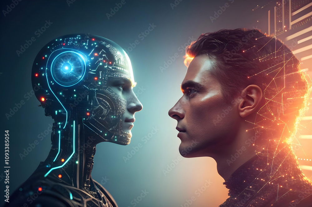A split-frame image symbolizing the dual nature of AI, with one half ...