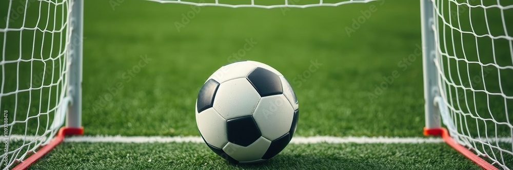 Soccer ball sitting in empty net with green background, football ...