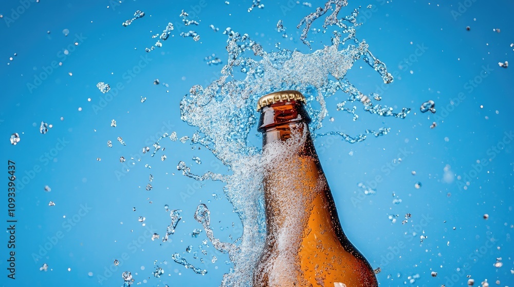 Beer bottle eruption with explosive carbonation against a bright blue ...