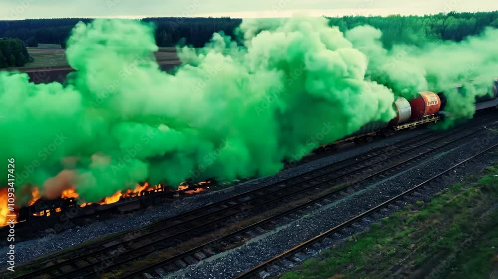 Burning train. Toxic chemicals leak and ignite. Acrid green smoke is ...