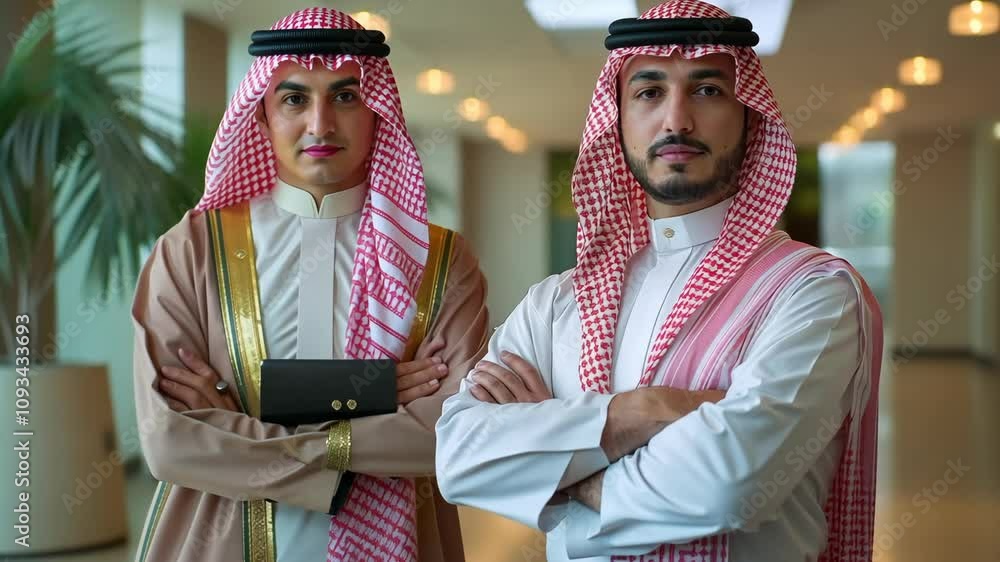 Saudi men in traditional attire pose confidently in a modern setting ...