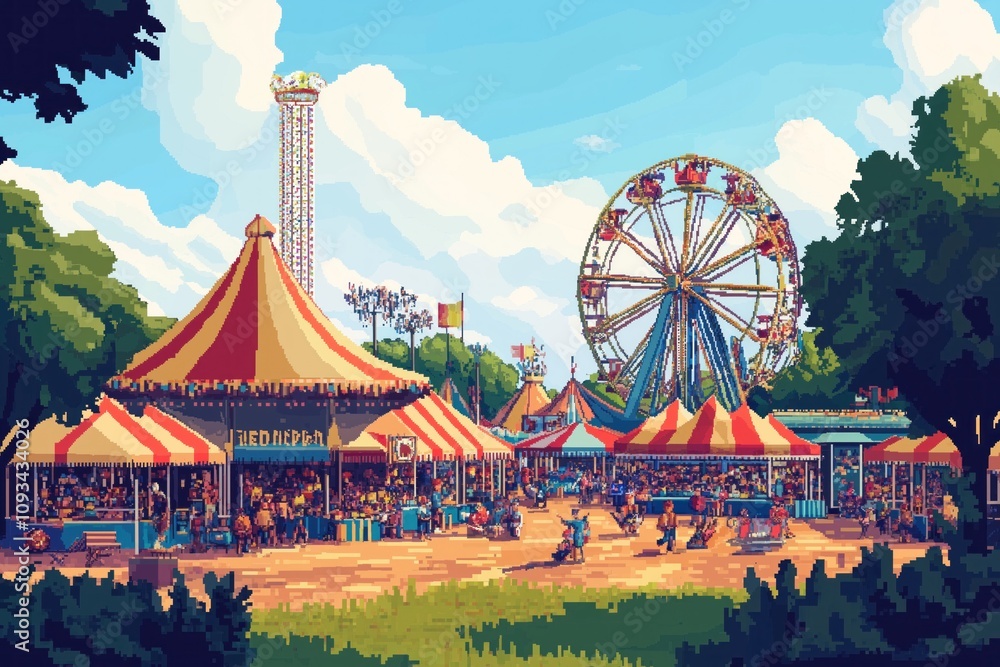 Pixel art carnival scene shows colorful tents rides, pixel characters ...
