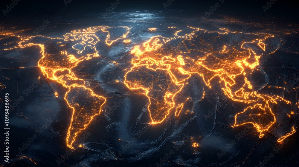Global connectivity illuminated world map digital visualization technology dark background ...