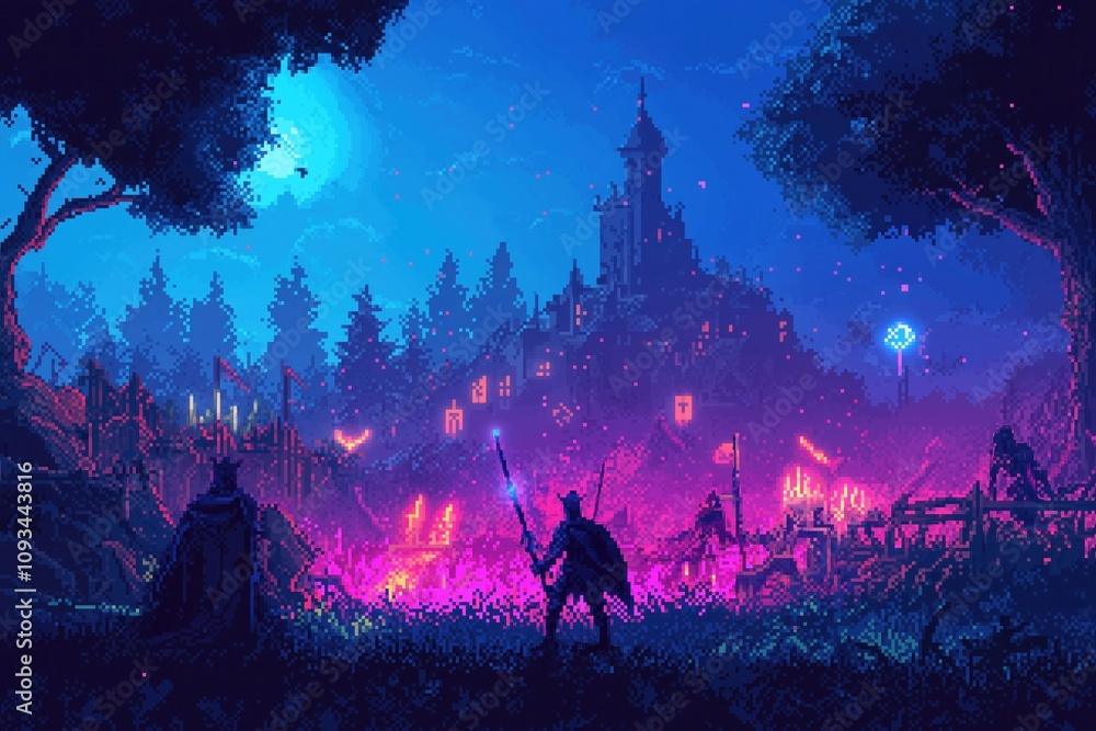Fantasy pixel art battlefield at night. Warriors with glowing magical ...