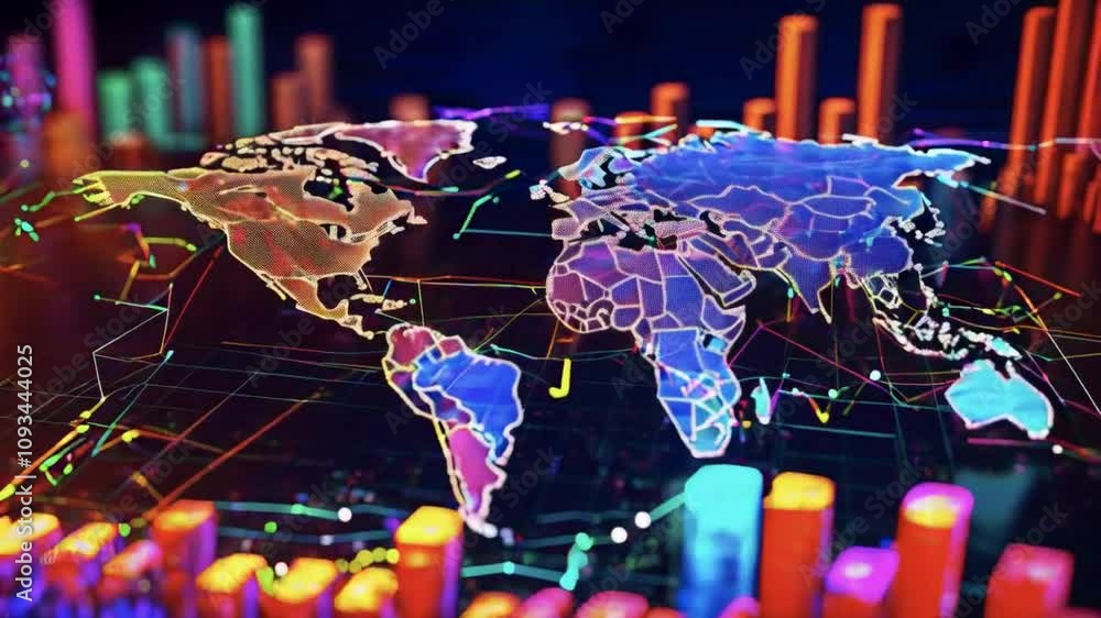 A colorful 3D world map with data visualization elements, highlighting ...