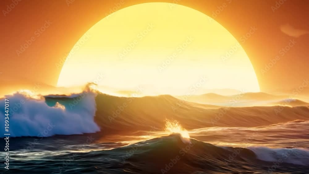 Golden hour casts a warm glow over crashing ocean waves. The sun sets ...