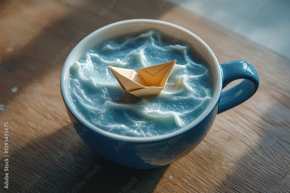 Tiny Paper Boat on a Sea of Coffee - A miniature paper boat navigates a ...