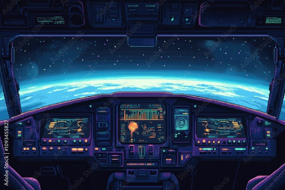 Pixel art spaceship cockpit view. Glowing control panels. Space view ...