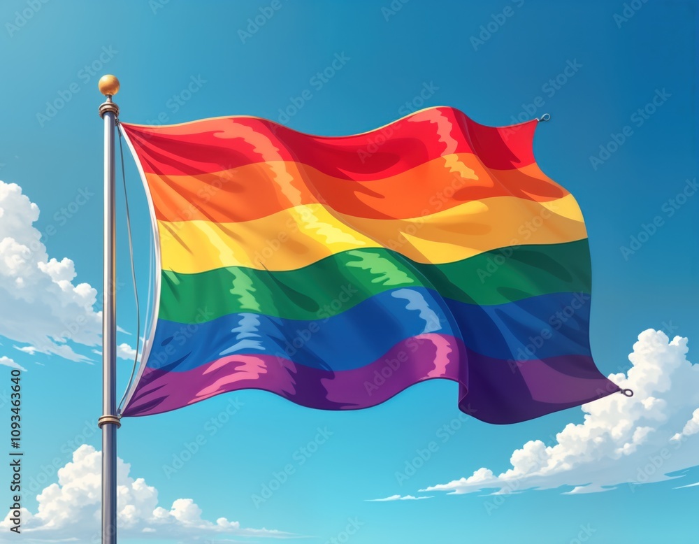 Rainbow pride flag waves in clear blue sky. International day against ...