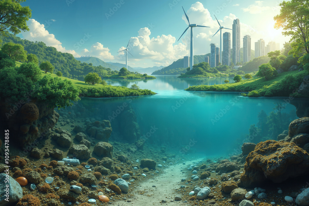 serene river scene split by a horizontal line. Above the line, a ...