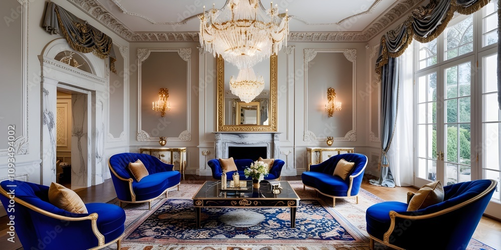Classic Rococo Style Drawing Room with Blue and Gold Color Scheme and ...