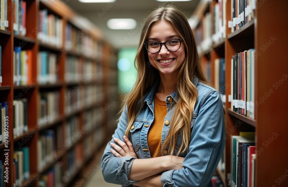 Young woman stands in library. Wears glasses, denim jacket. Happy ...