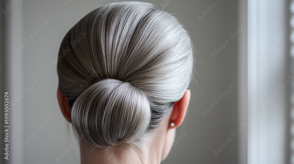 Sophisticated older lady with a classic chignon bun in silver gray ...