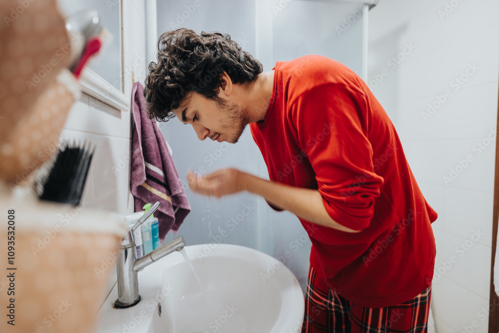 A young man in a red shirt and plaid pajamas is washing his face in a ...