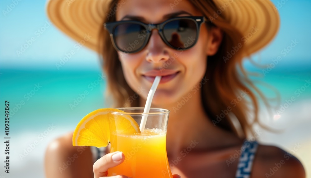 Woman enjoys refreshing orange juice drink poolside on sunny summer day ...