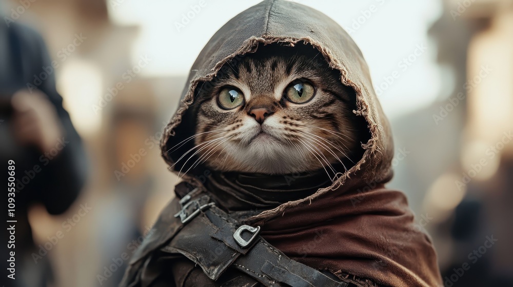 A cat dons a medieval hood, capturing a mysterious essence while ...