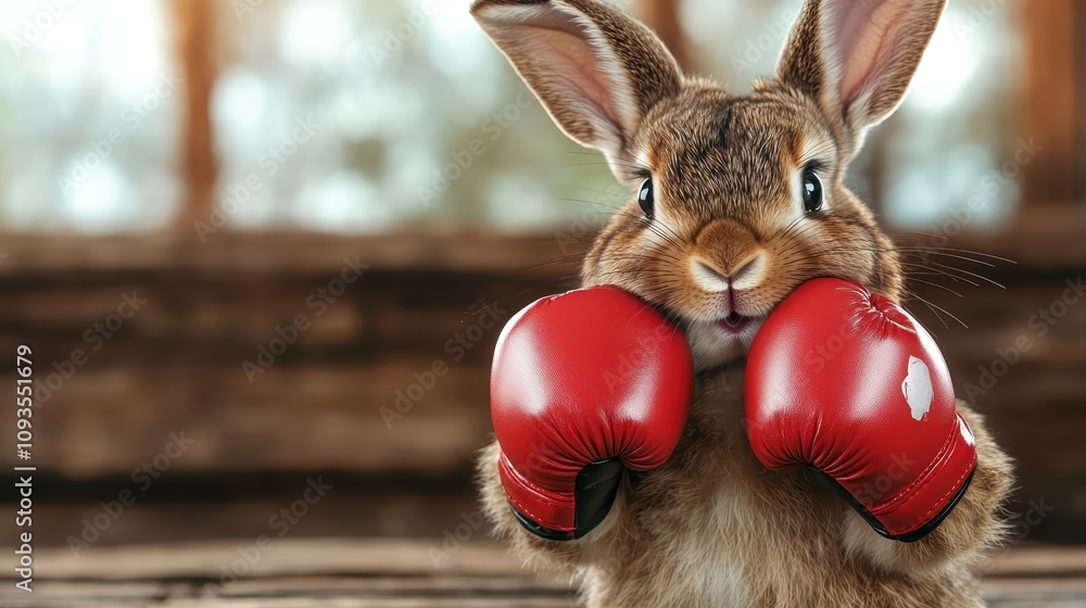 A confident rabbit stands with boxing gloves in a challenging stance ...