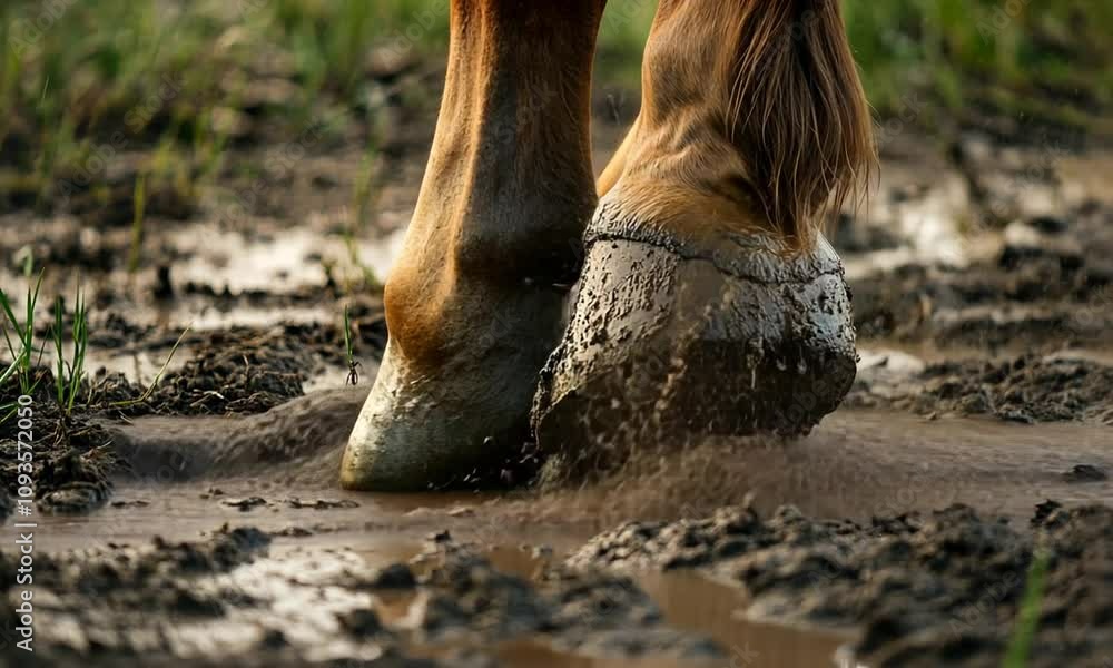 Close-Up of a Horse's Hoof Stepping in Wet Mud, Capturing the Texture ...