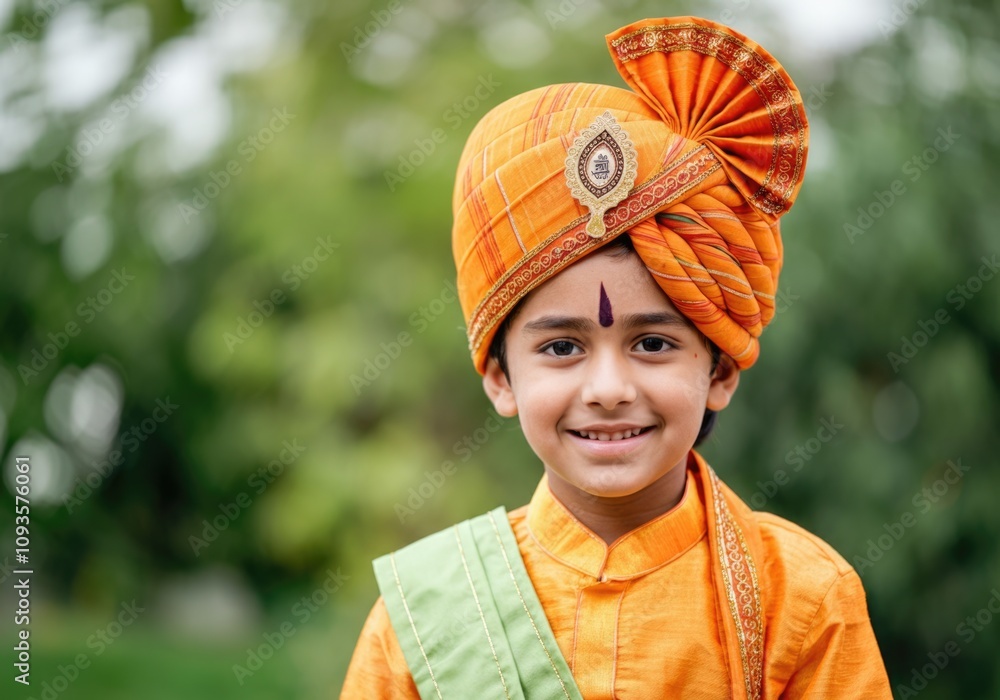 Indian Boy in Traditional Dress with Fancy Orange Turban and Green Belt ...