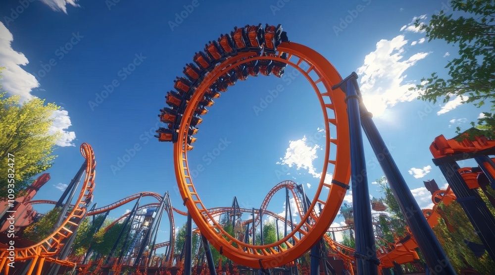 Dynamic orange roller coaster loop design in an amusement park. Stock ...
