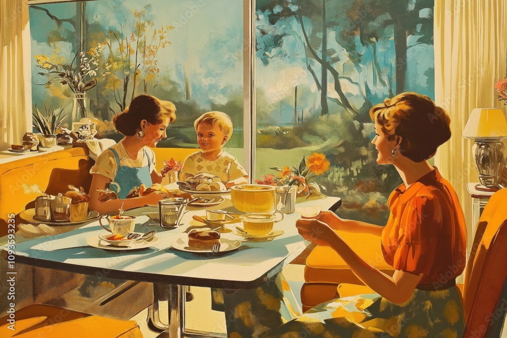 Happy family enjoys breakfast in 1960s sunny kitchen. Retro style ...